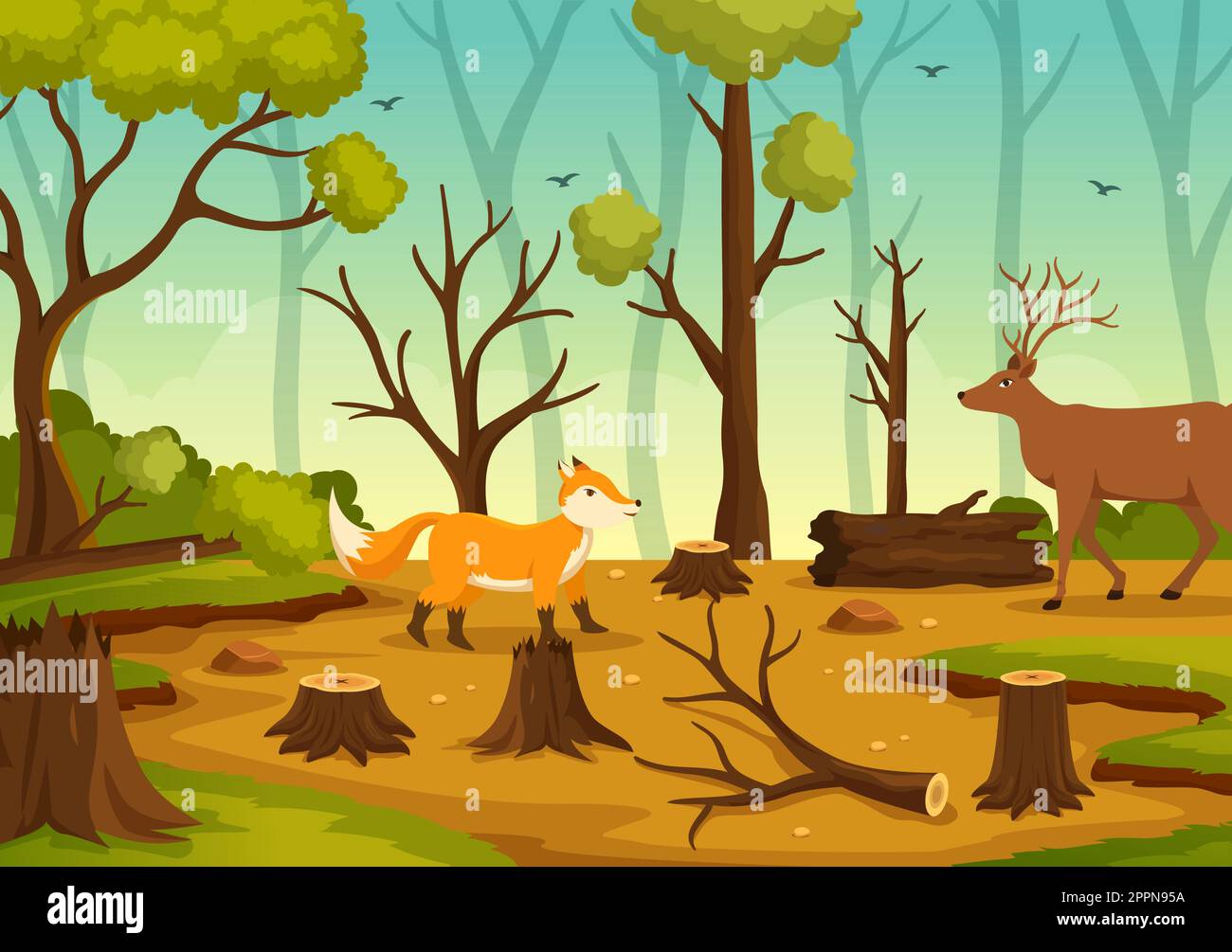 Deforestation Illustration with Tree in the Felled Forest and Burning ...