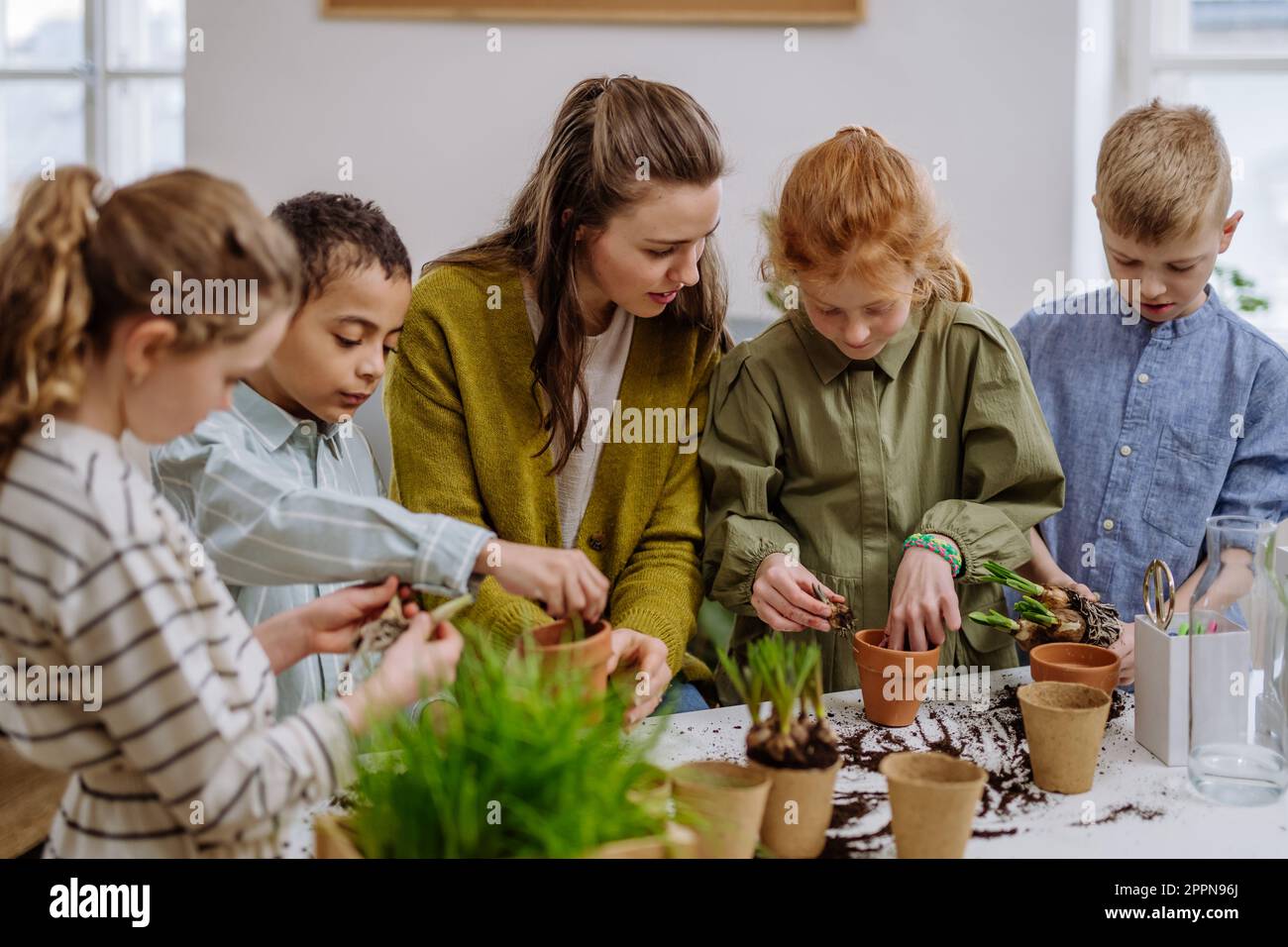 Young teacher learning pupils how to take care about plants Stock Photo ...