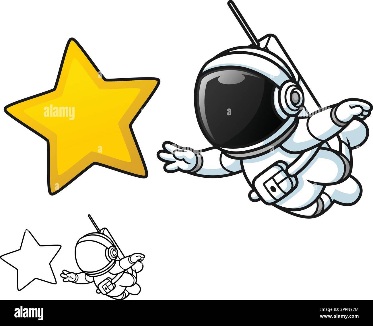 Cute Astronaut Floating Reaching Star with Black and White Line Art ...