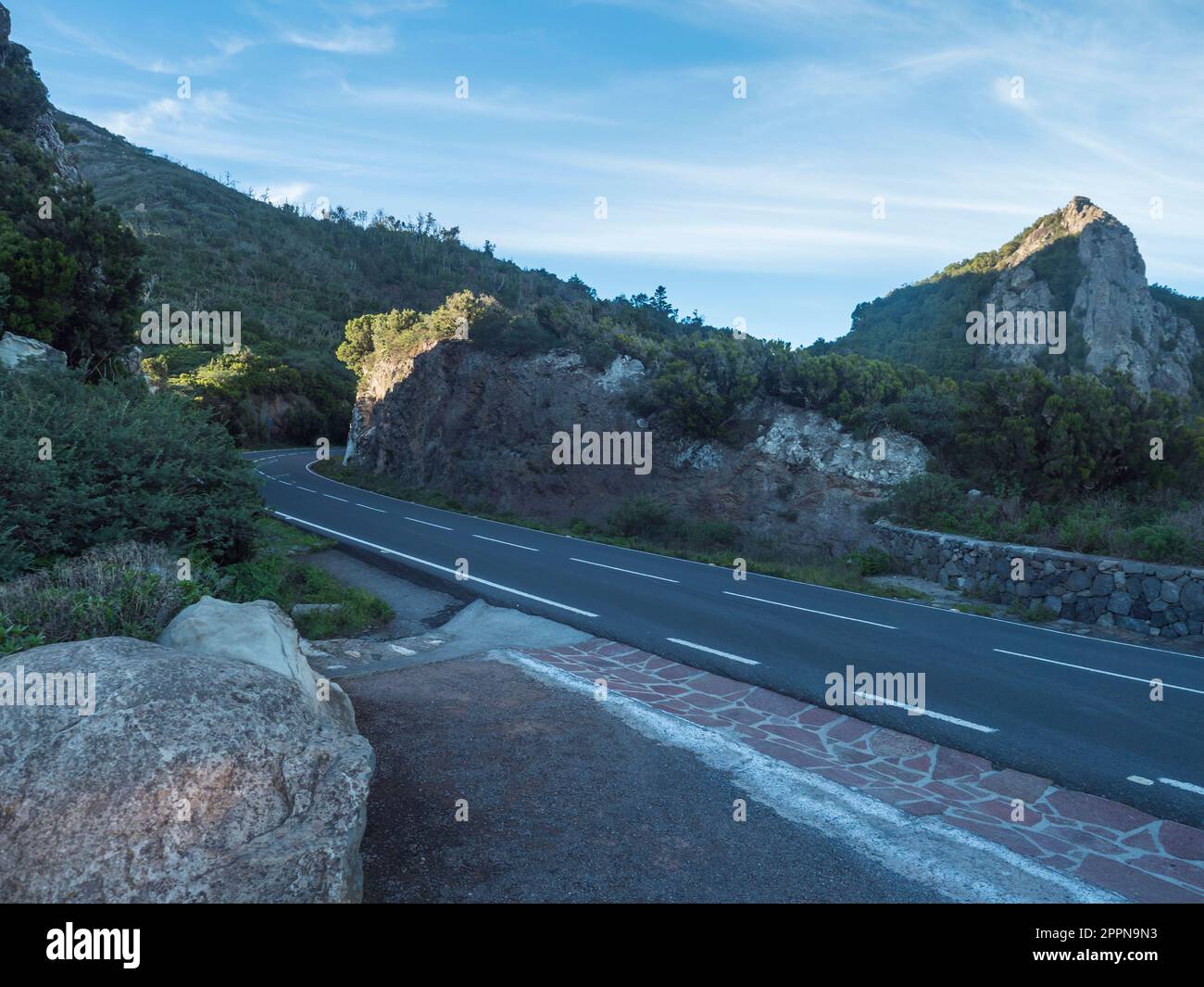 Road at green landscape in central part of La Gomera island. National ...