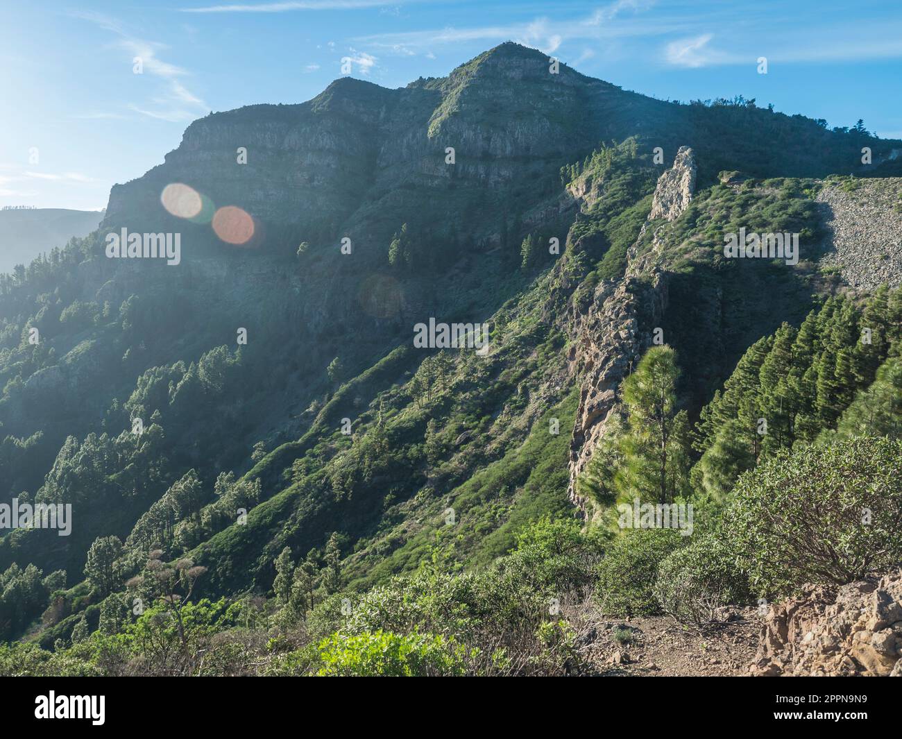 View of lush green landscape in central part of La Gomera island ...