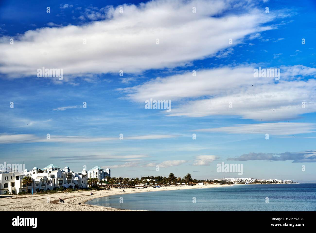 Sousse, Tunisia, January 9, 2023: Port el kantaoui beach on the blue ...