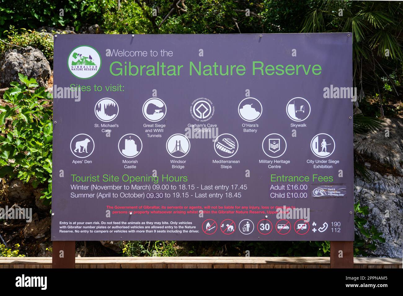 Welcome sign to the Gibraltar Nature Reserve that shows a list of the ...