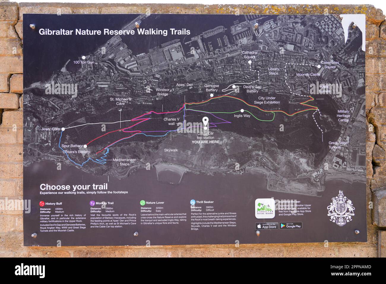Map of the walking trails located on the Rock of Gibraltar in the ...