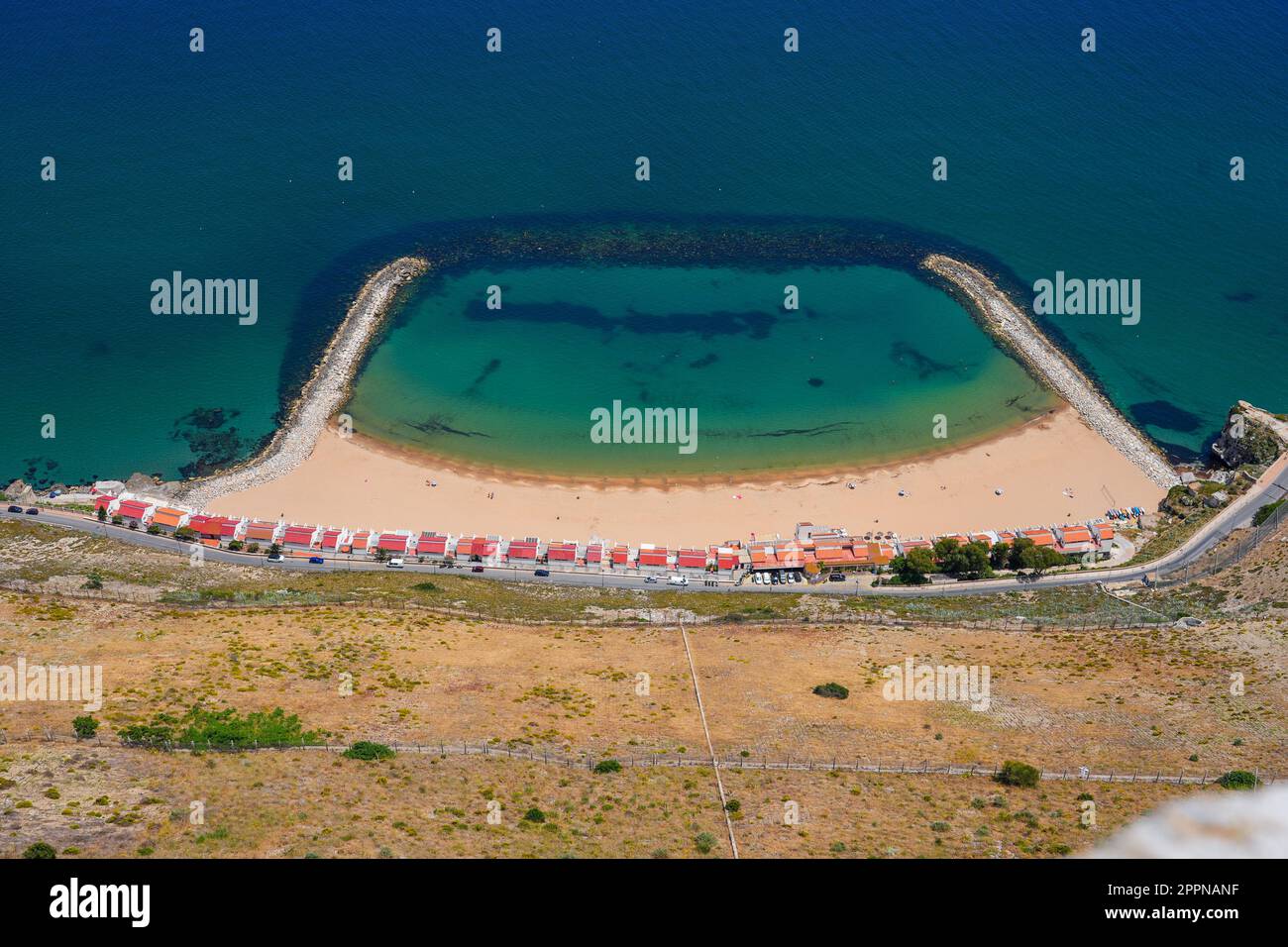 Aerial view of the Sandy Bay beach located on the eastern side of the ...