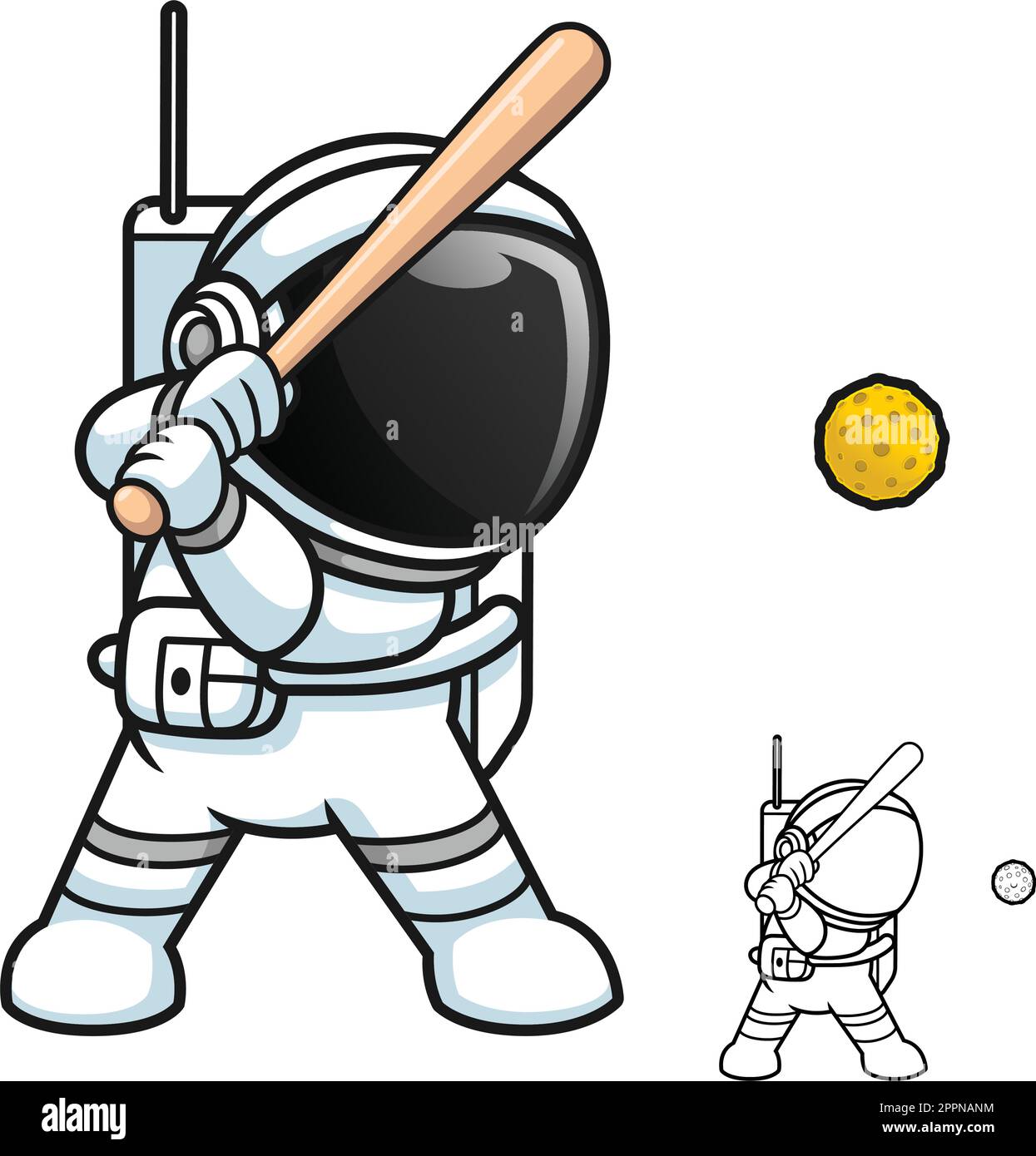 Cute Astronaut Playing Baseball with Moon Ball with Black and White ...