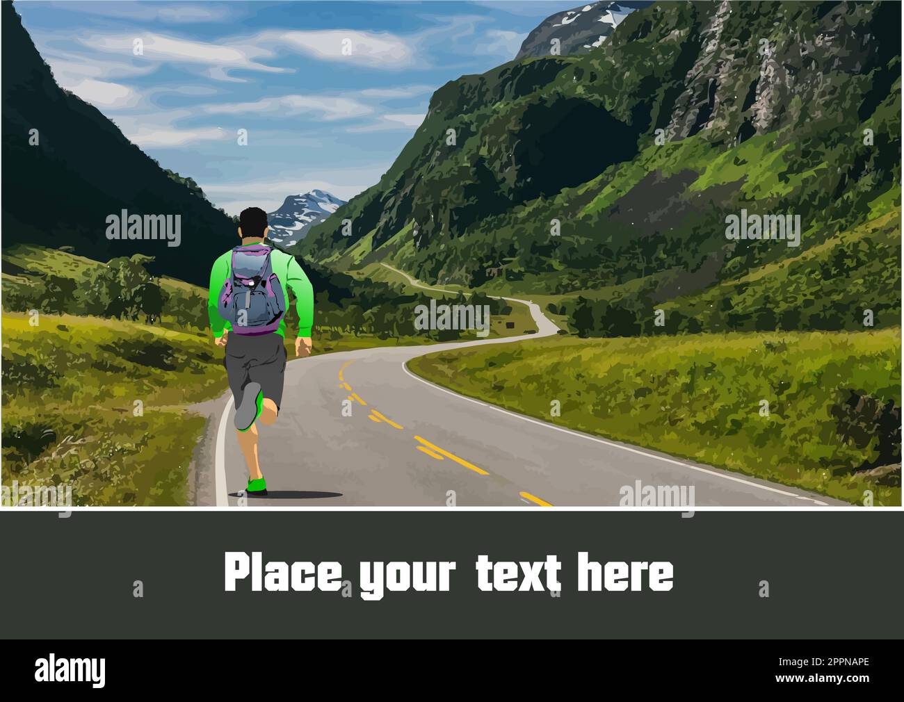 Tourist man with backpack running down the asphalt road in the ...