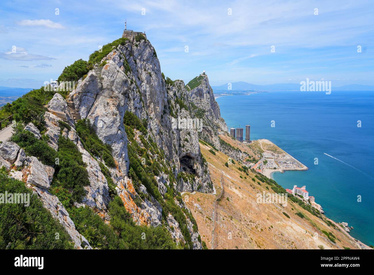 View of the rock of Gibraltar from its top - Vertical cliffs over the ...