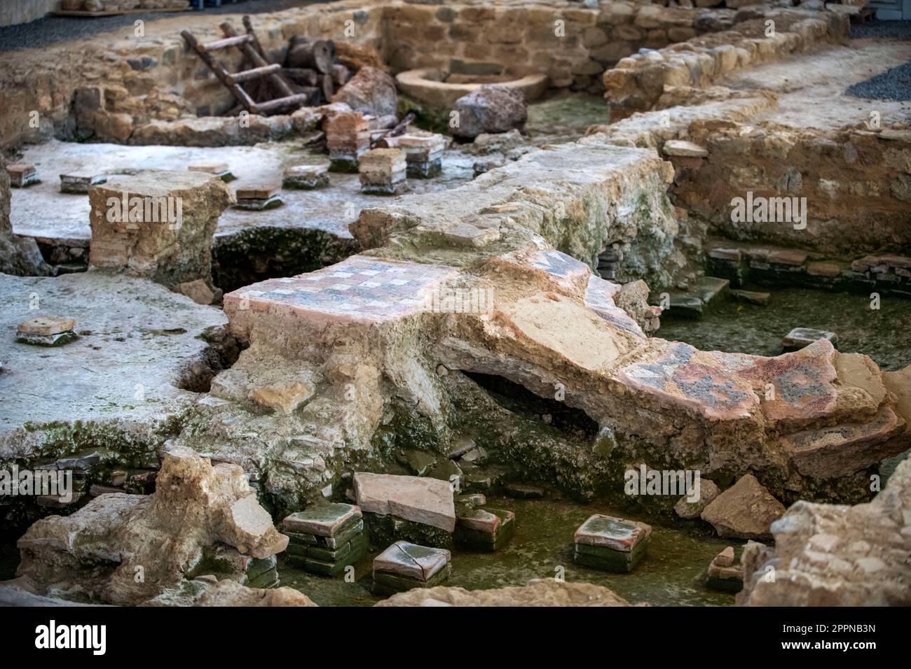 Roman mosaic tiles and hypocaust in La Olmeda. Palencia, Spain. The ...