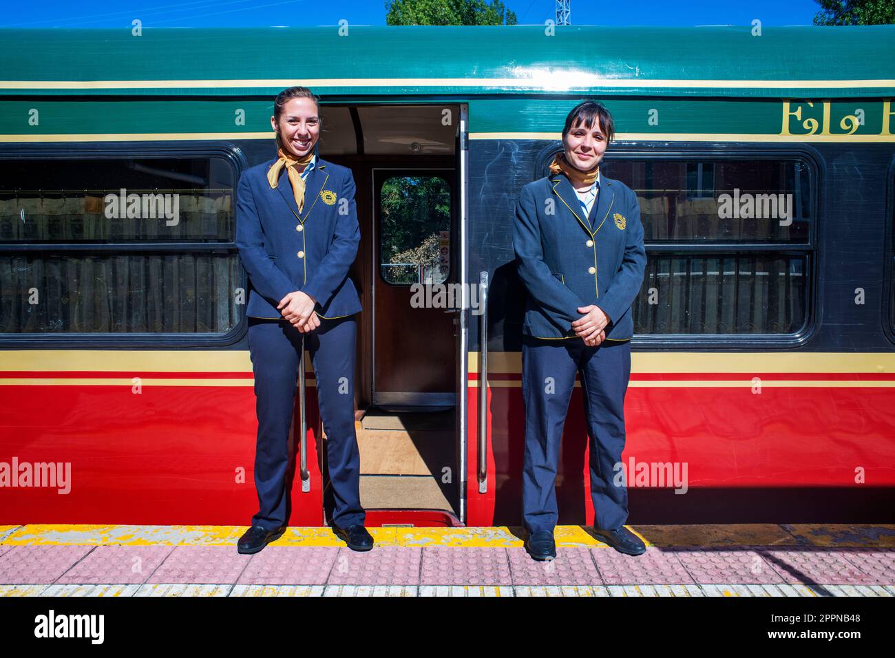 Guardo train station, Palencia. Expreso de la Robla luxury train staff ...