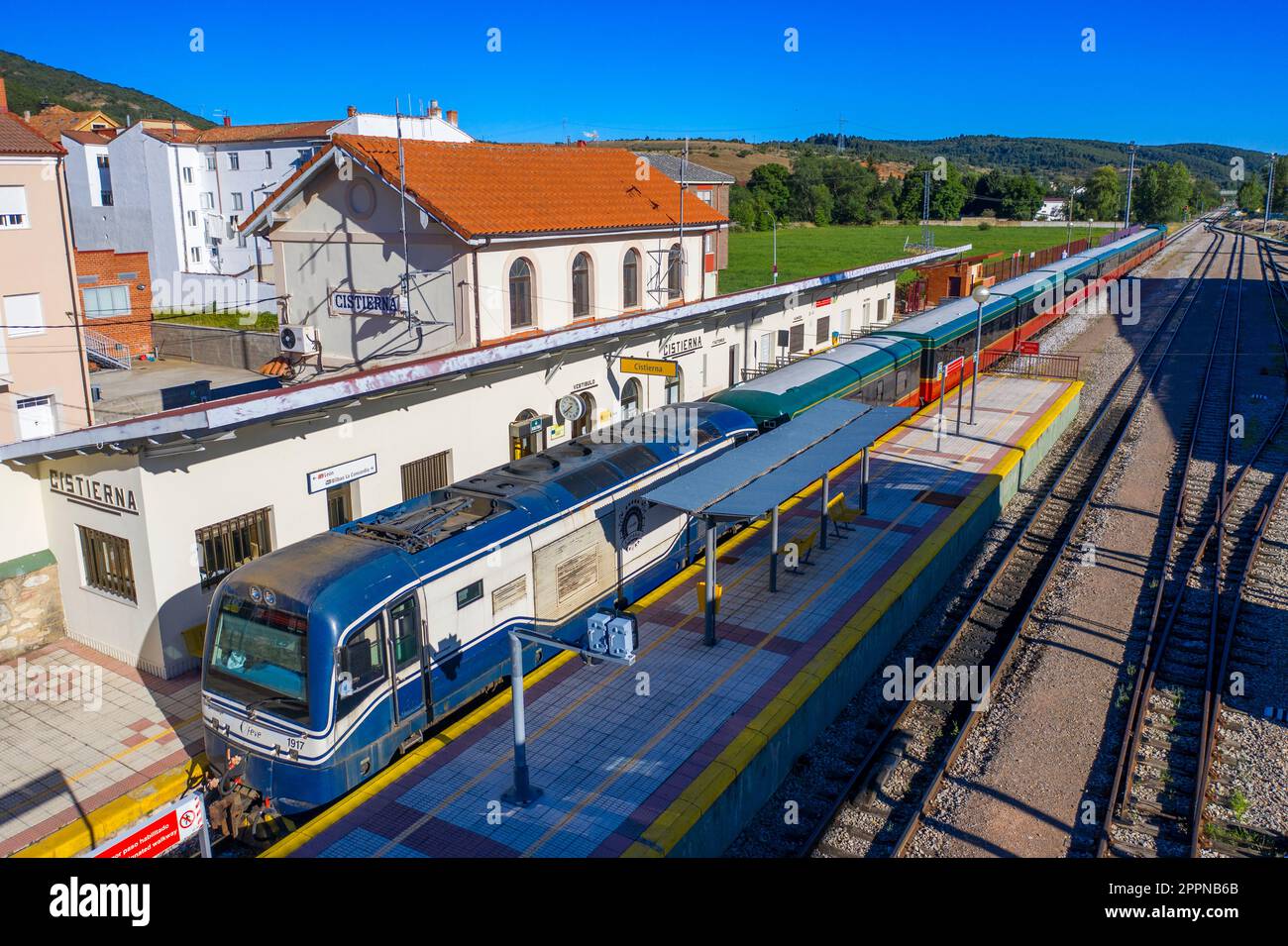 Aerial view of Cistierna train station, Leon, Castilla y Leon, Spain ...