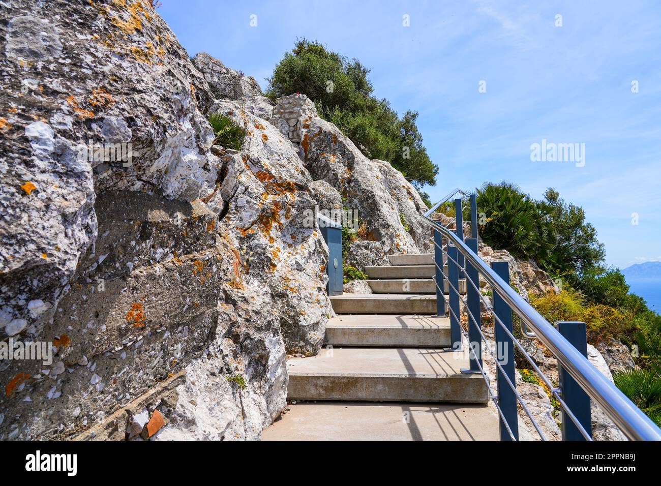 Steep walking path with stairs on the top of the Rock of Gibraltar in ...