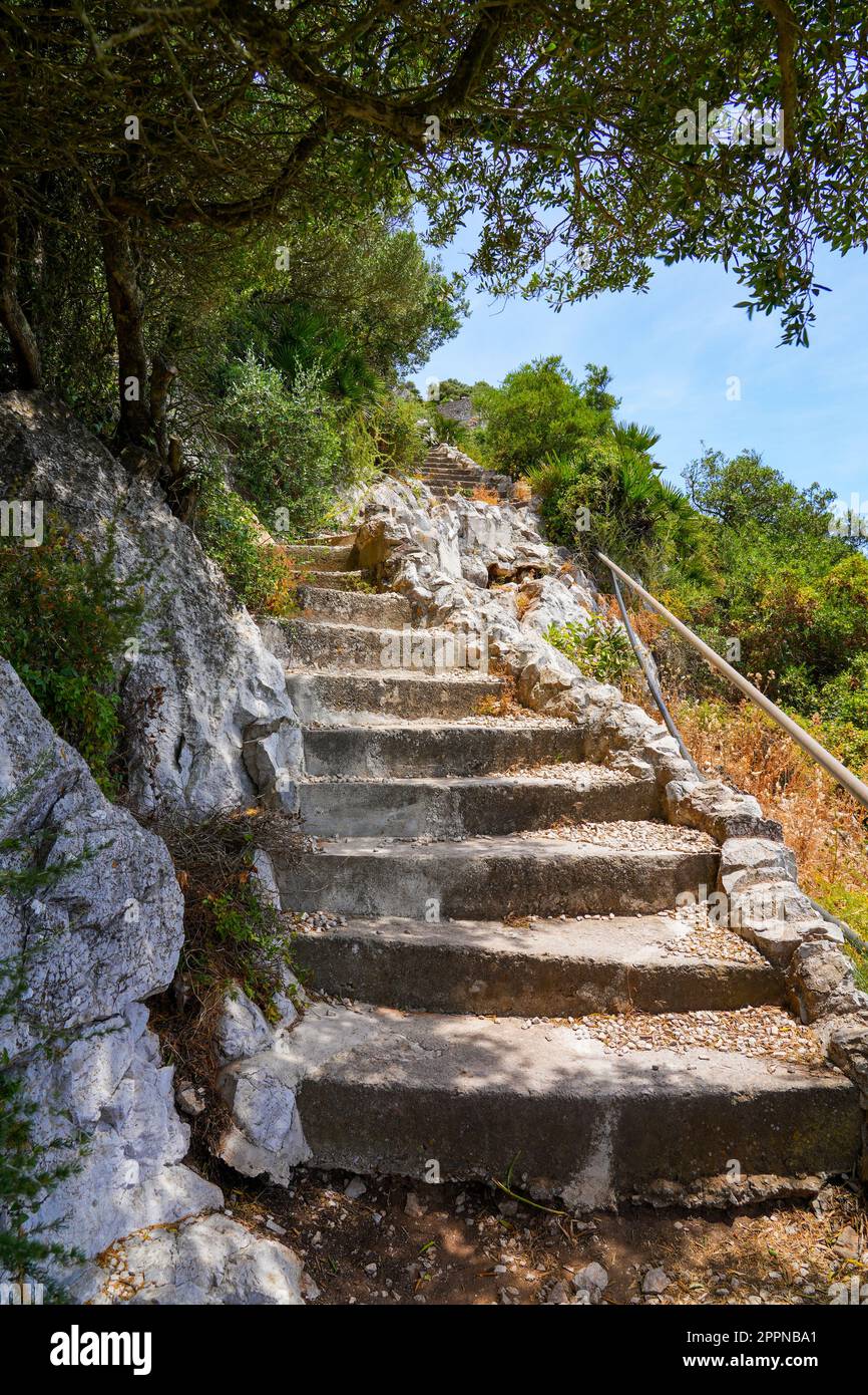 Steep walking path with stairs on the top of the Rock of Gibraltar in ...