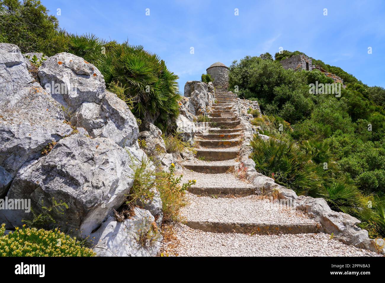 Steep walking path with stairs on the top of the Rock of Gibraltar in ...