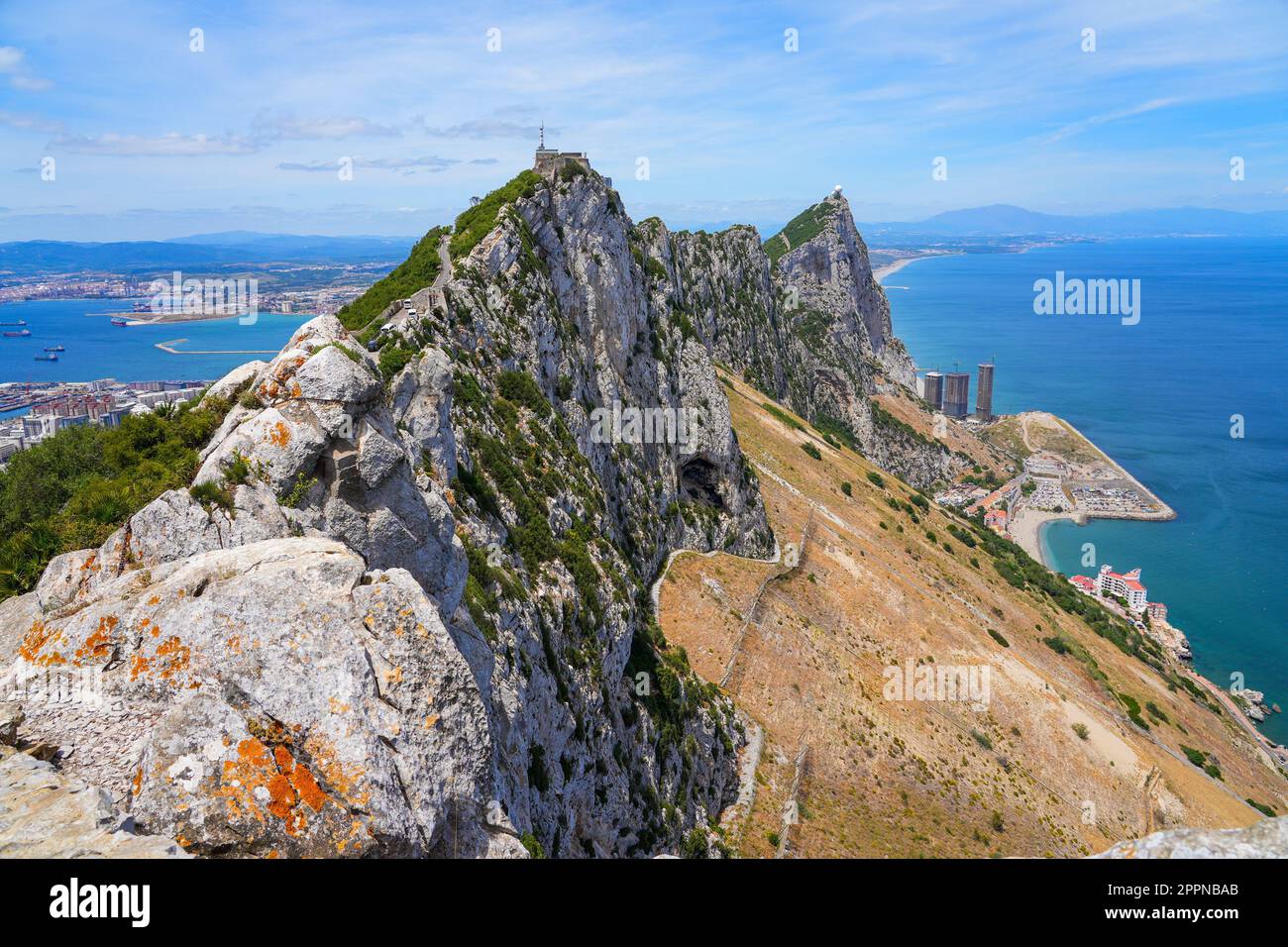 View of the rock of Gibraltar from its top - Vertical cliffs over the ...