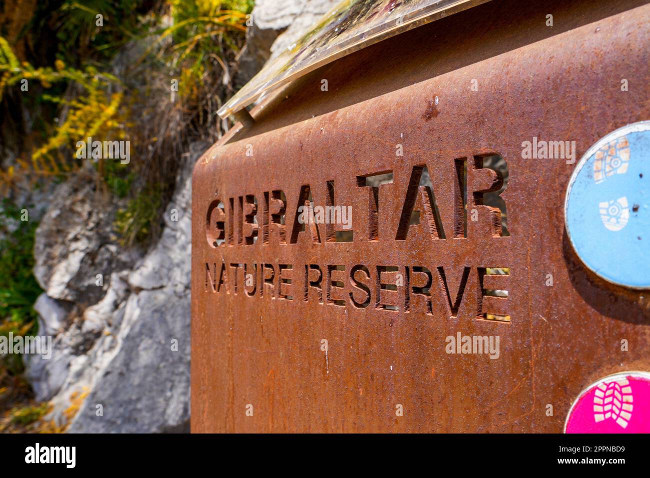 Gibraltar Nature Reserve name carved on a rusty metallic plaque at the ...