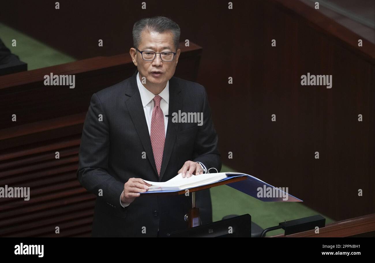 Financial Secretary Paul Chan Mo-po delivers a speech on his 2023-24 ...