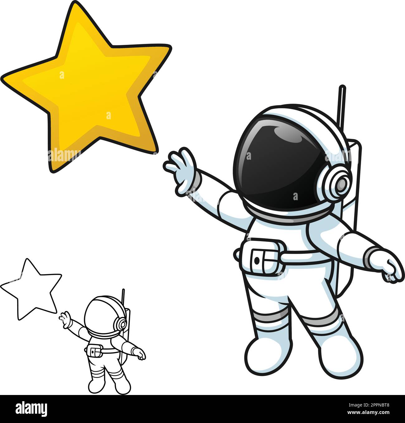 Cute Astronaut Standing Reaching Star with Black and White Line Art ...