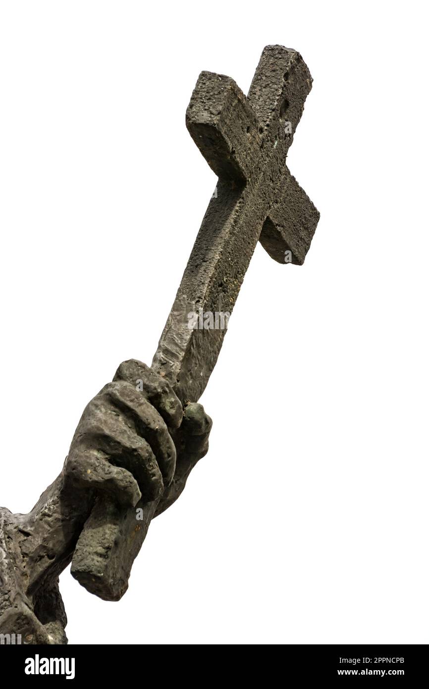 Hand holding an iron cross as religious symbol. Detail of a bishop ...