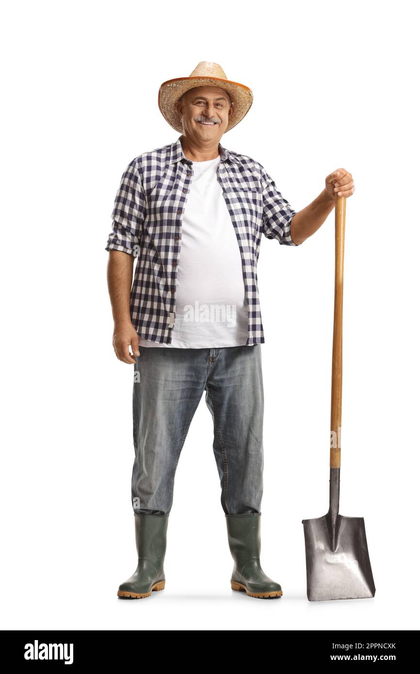 Full length portrait of a happy mature farmer with a shovel isolated on ...