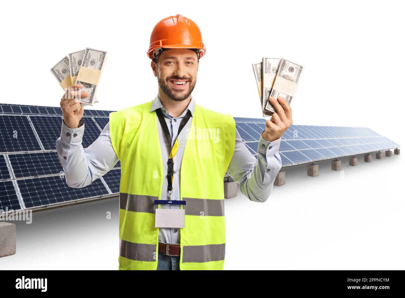 Male engineer with a safety vest and hardhat holding stacks of money in ...