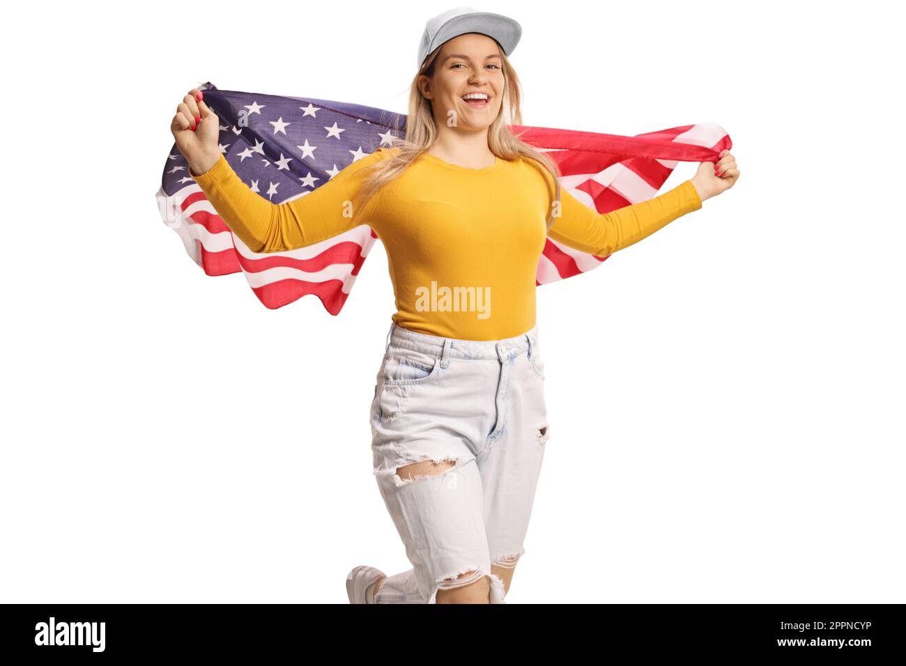 Young casual female waving a USA flag and running isolated on white ...