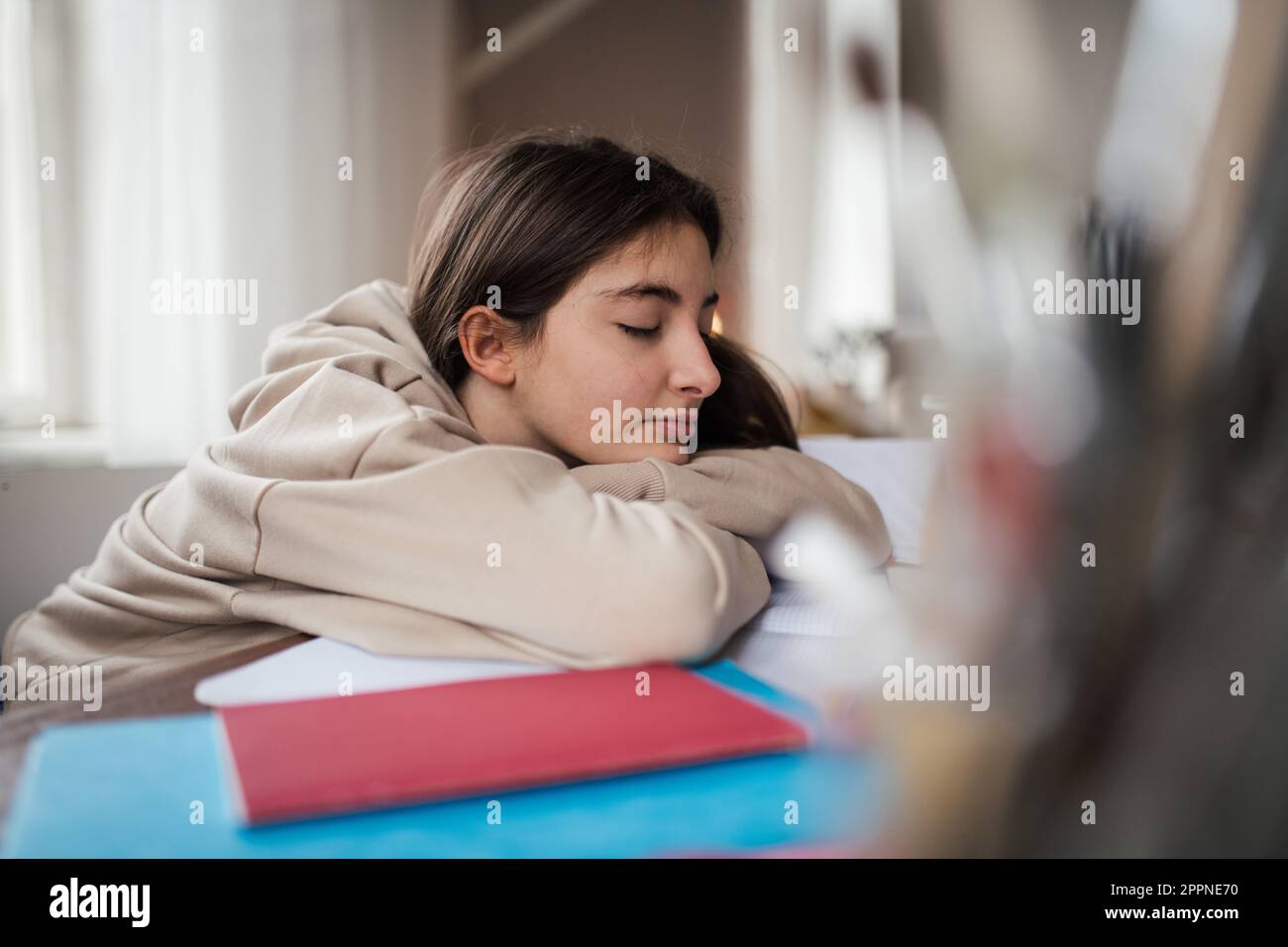 Teenage girl fall asleep during studying in her room Stock Photo - Alamy