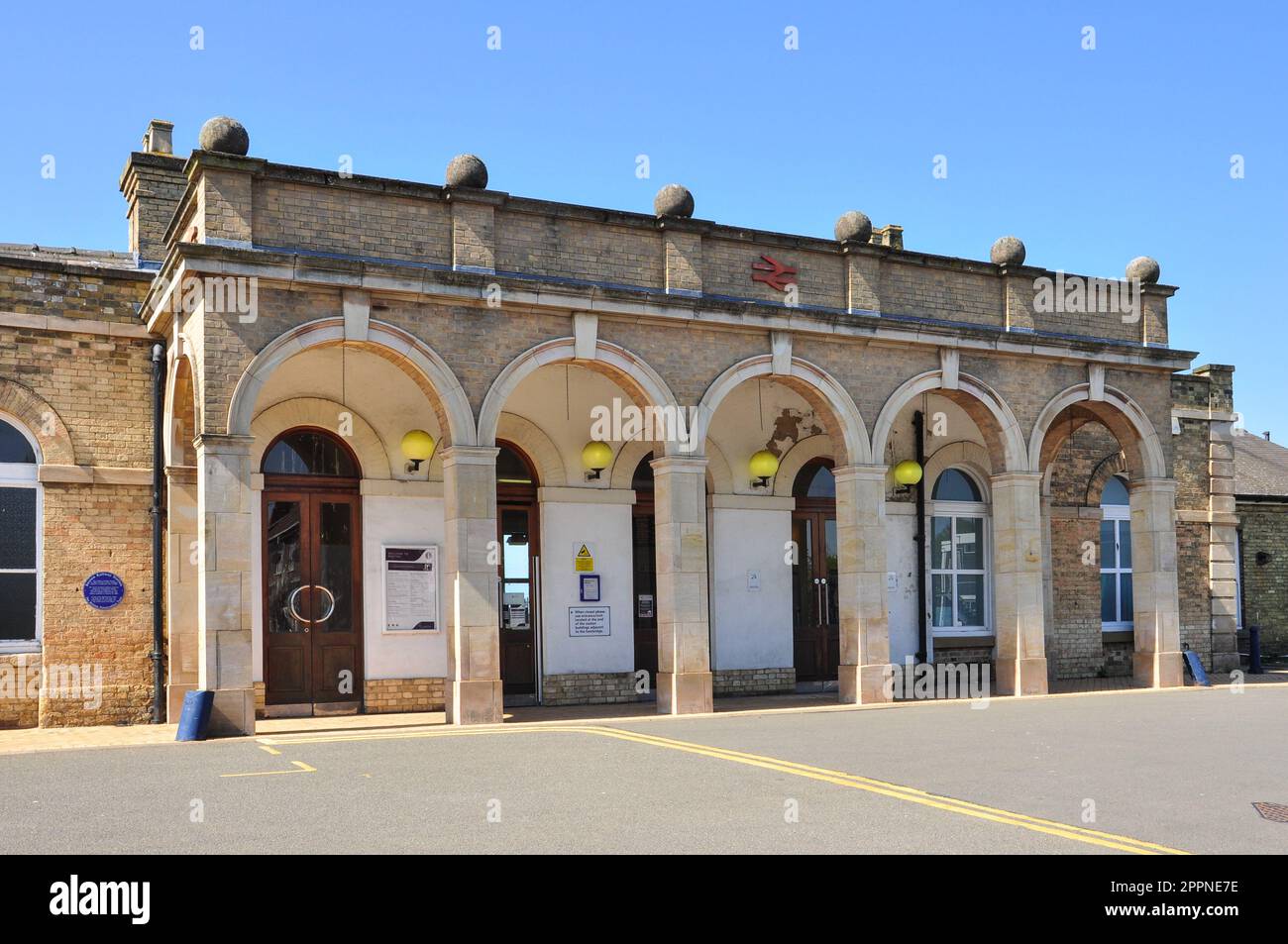 Arches along the front access building to the railway station at Boston ...