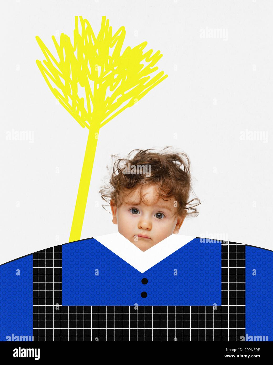 Contemporary art collage with one little boy wearing special uniform ...