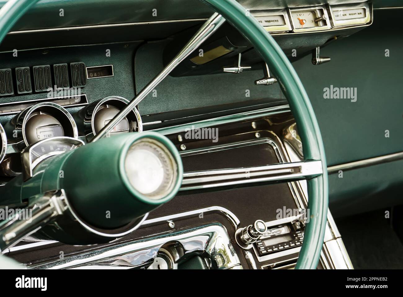 retro car dashboard interior. View of the steering wheel and dashboard ...