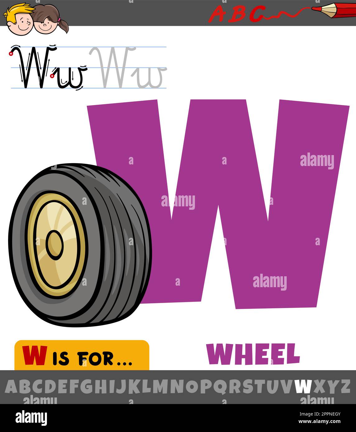 letter W from alphabet with cartoon wheel object Stock Vector Image ...
