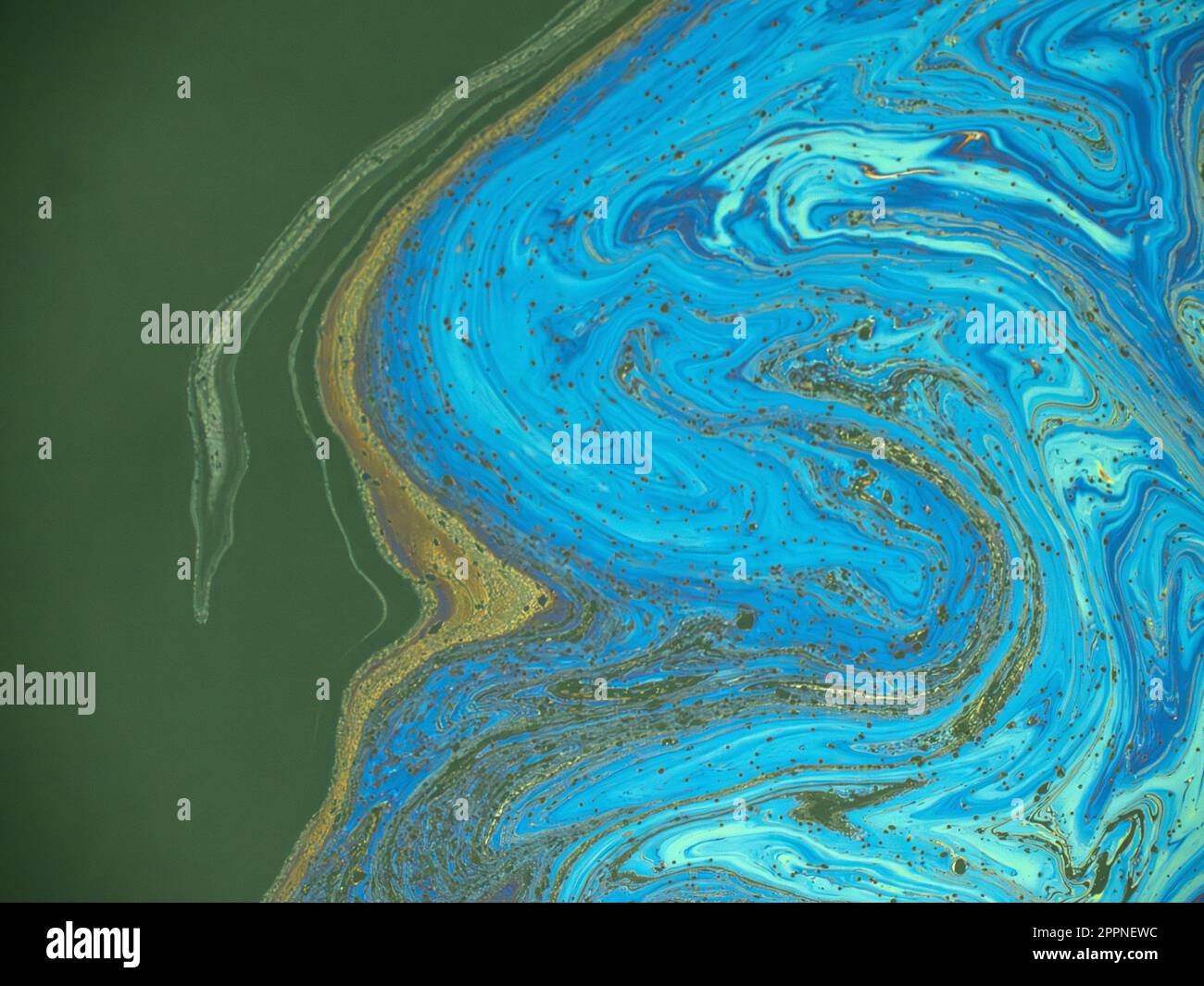 oil spreading on sea surface Aerial top down view like a abstract ...