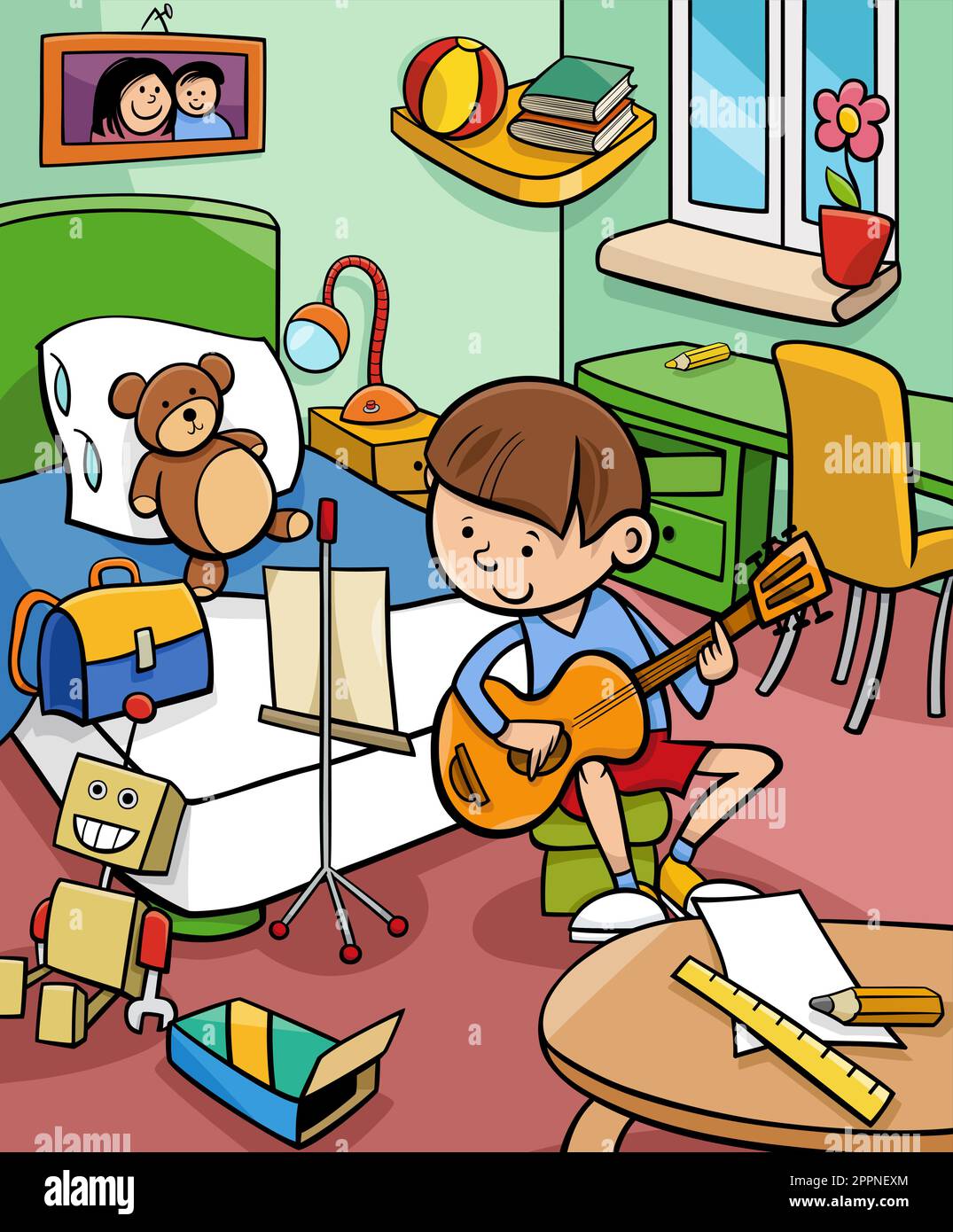 boy playing guitar in his room cartoon illustration Stock Vector Image ...