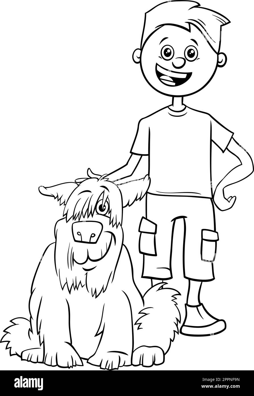 cartoon boy character with his dog coloring page Stock Vector Image ...
