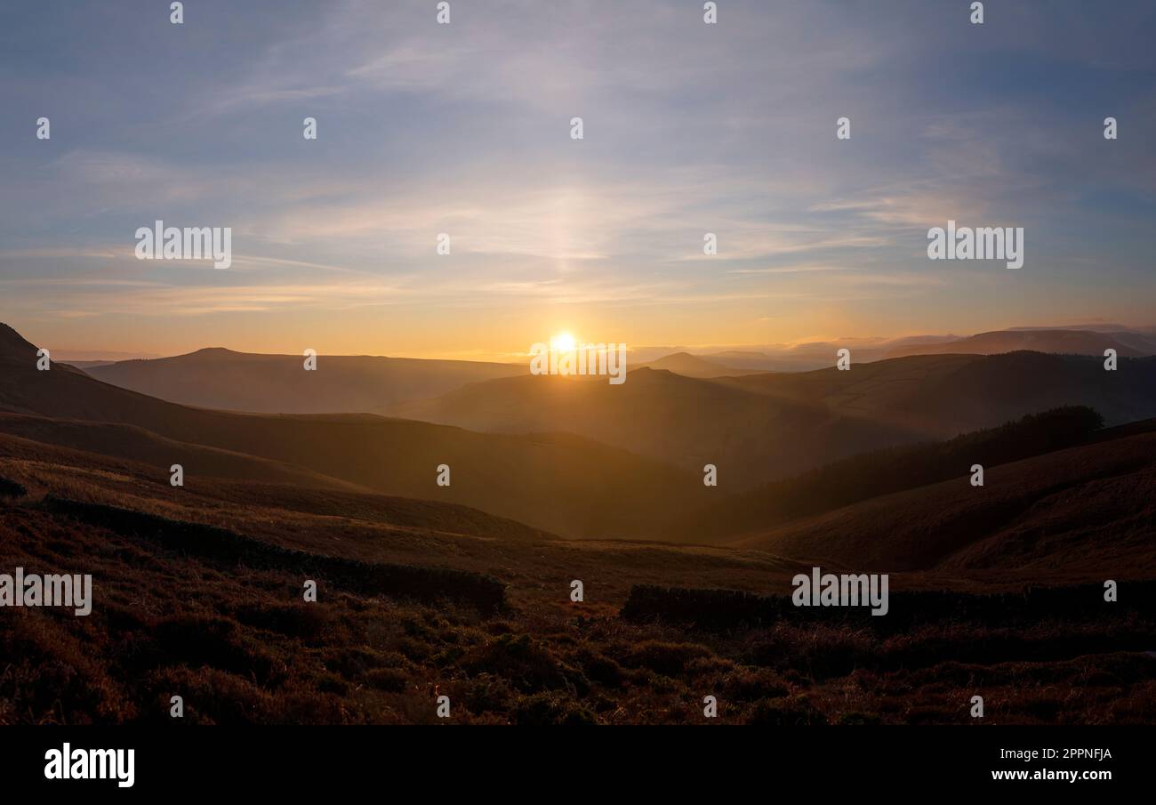 Sunset looking out of the Hills of the Peak District, in the Dark Peak ...