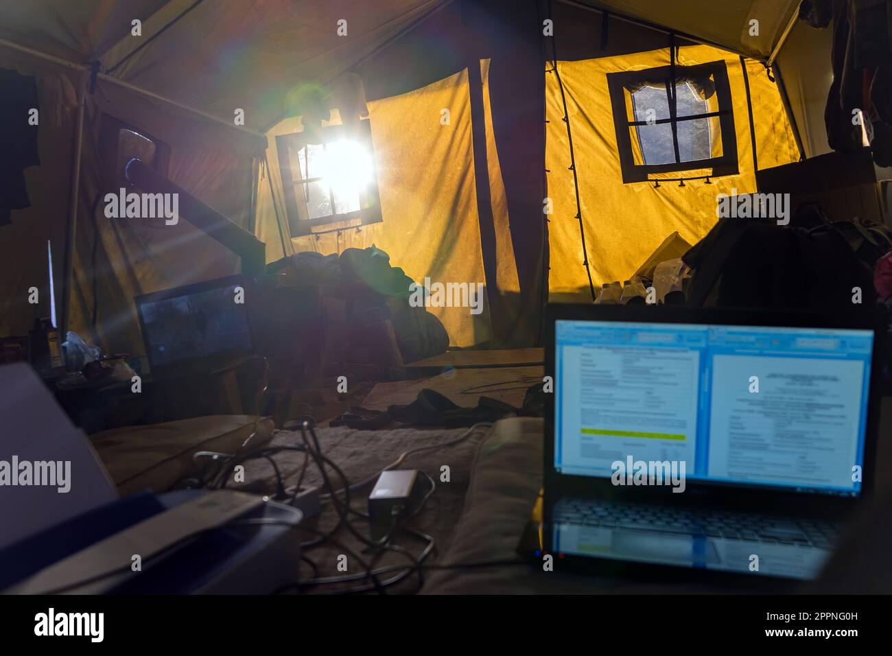 Inside the tent of the geological expedition. The work of the ...