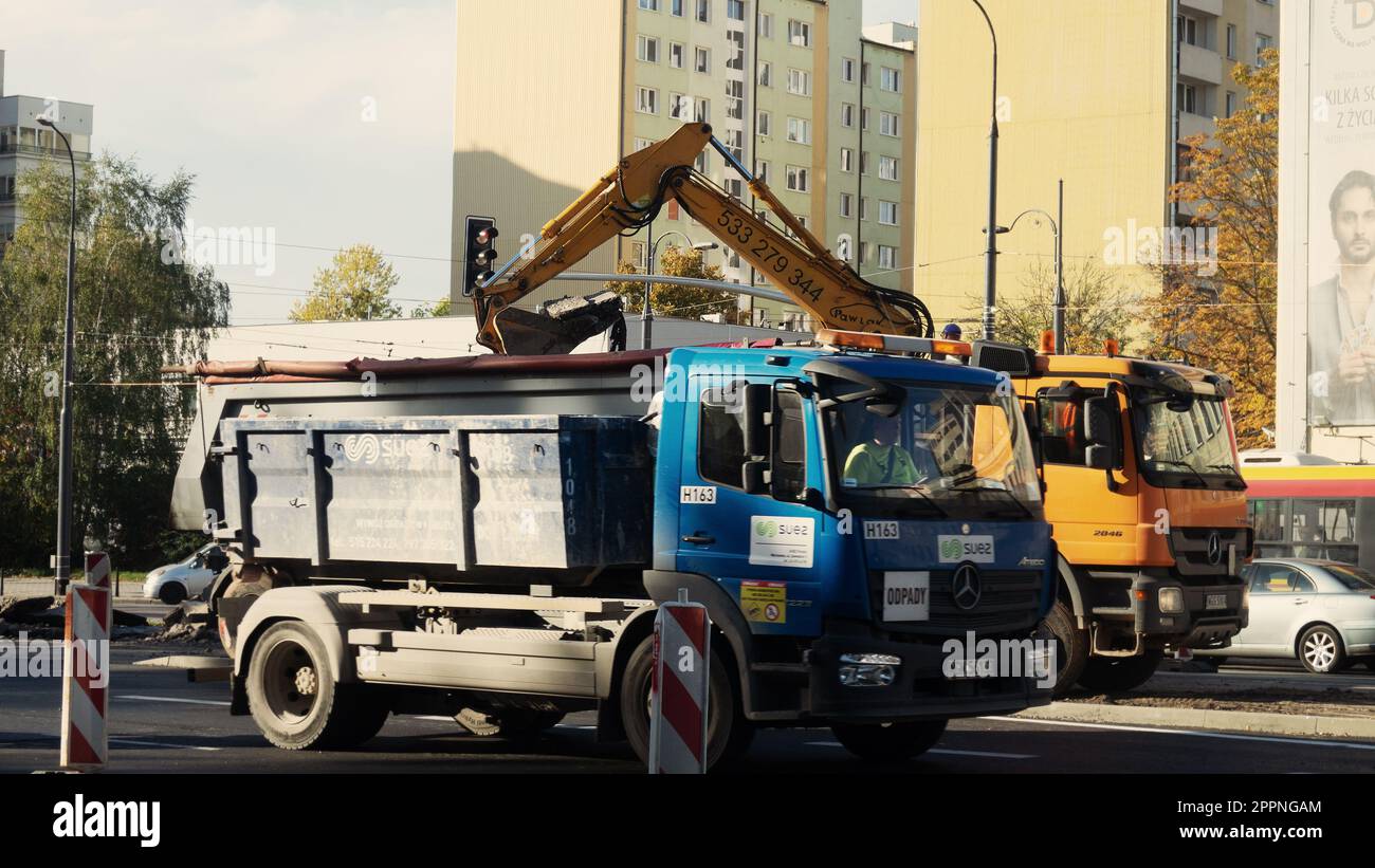 Warsaw, Poland - October 15, 2019: Repair of the road using an ...