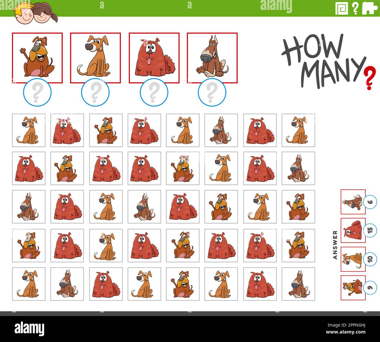 how many cartoon dogs animal characters counting game Stock Vector ...
