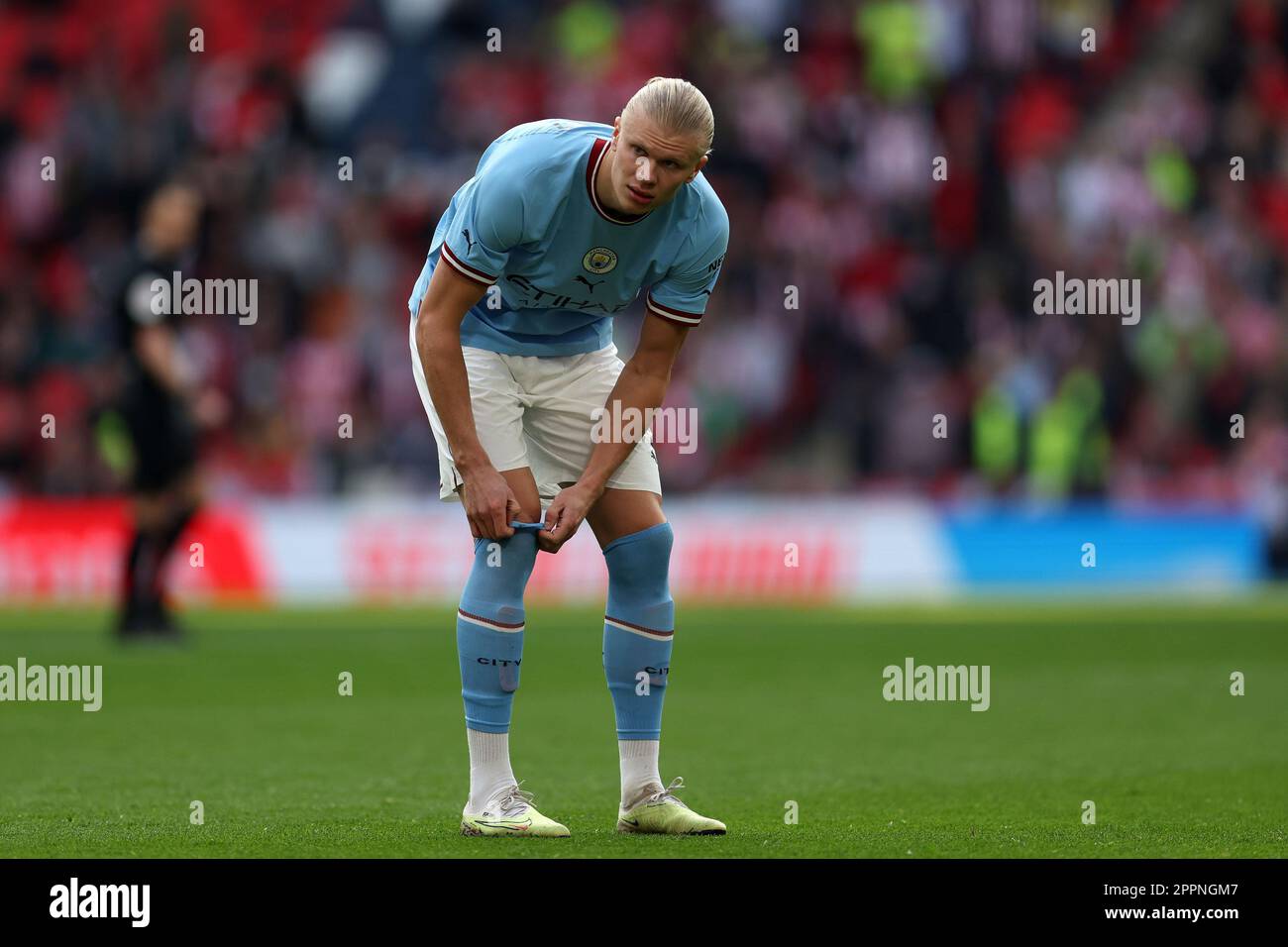 London, UK. 22nd Apr, 2023. Erling Haaland of Manchester City pulls his ...