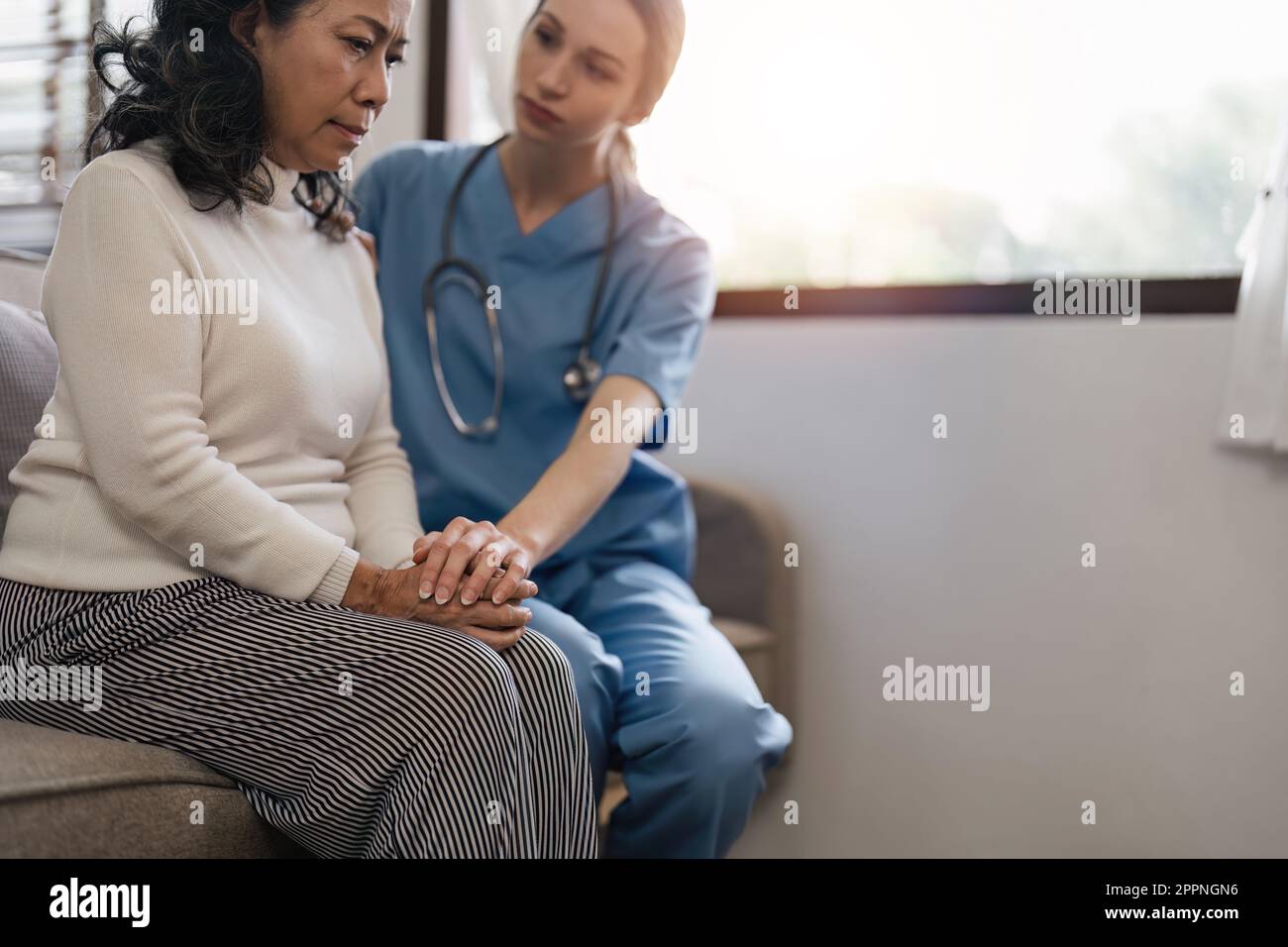 Empathy, trust and nurse holding hands with patient for help ...
