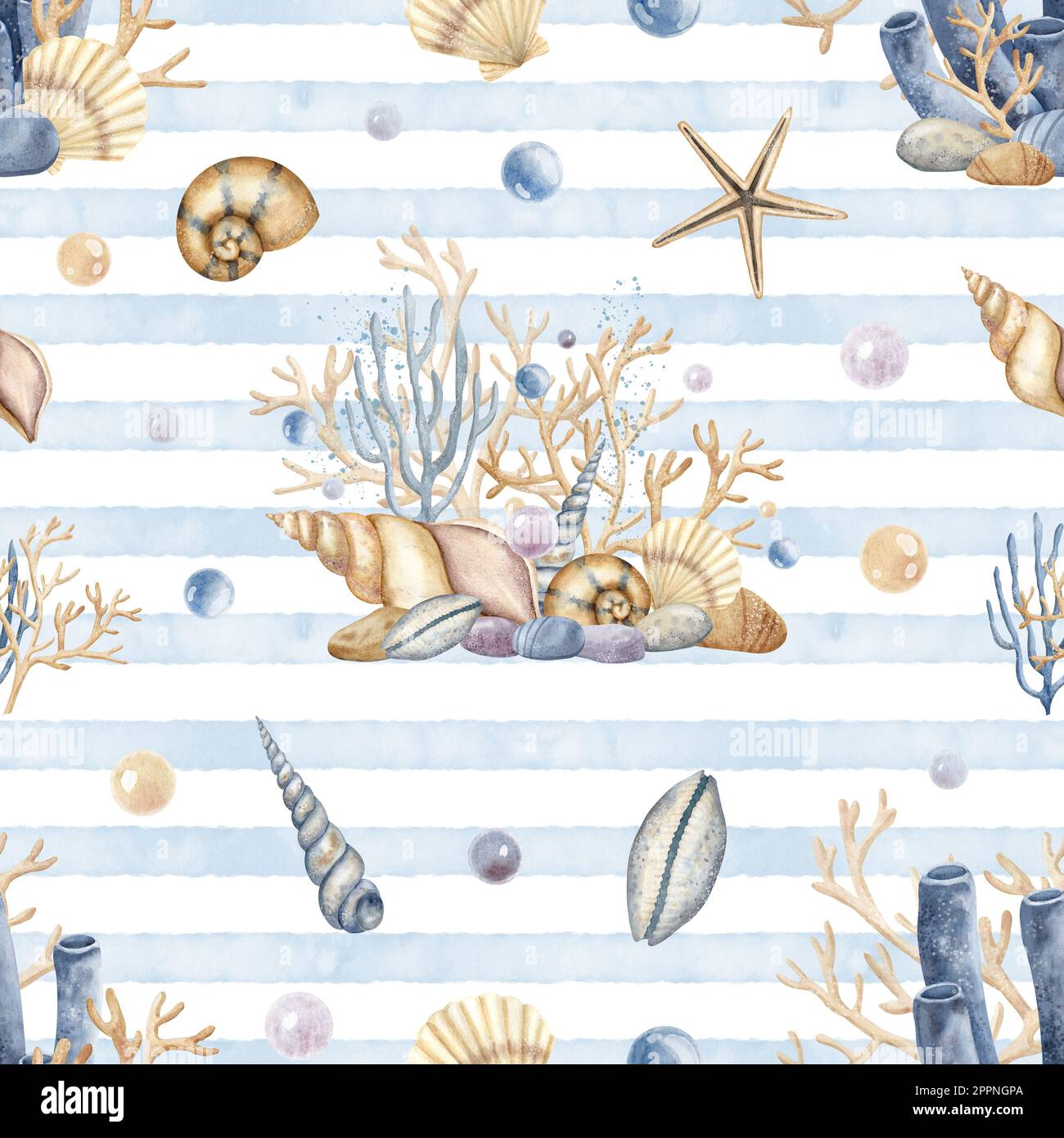 Seamless Watercolor Pattern With Seashells Coral Reefs And Bubbles On
