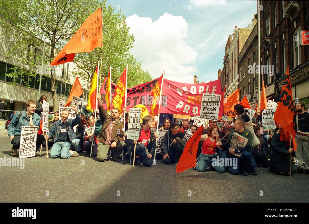 May day protest 1998, protesters and demonstrators sitting in Theobalds ...