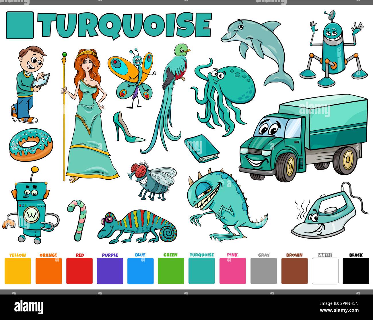 set with cartoon characters and objects in turquoise Stock Vector Image ...