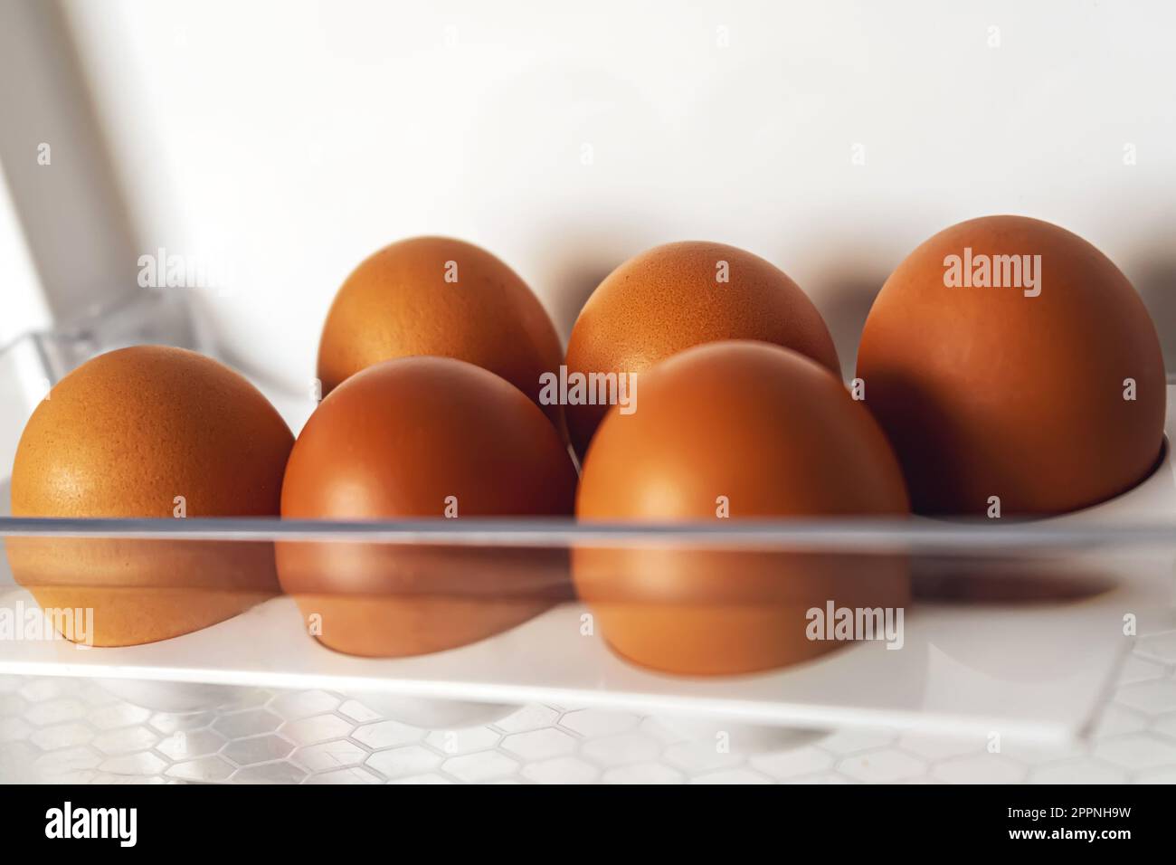 half dozen eggs in the refrigerator tray. 6 brown chicken eggs in an empty colloquially fridge ...