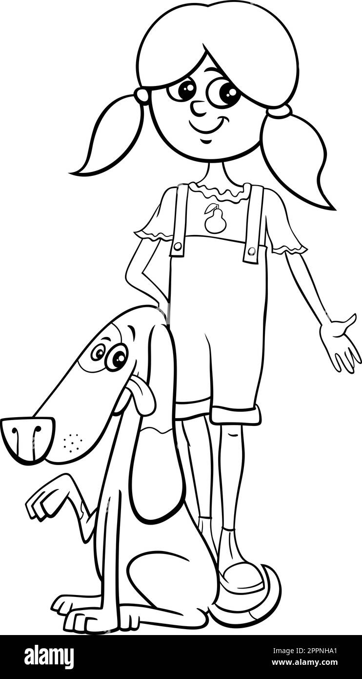 cartoon girl with dog character coloring page Stock Vector Image & Art ...