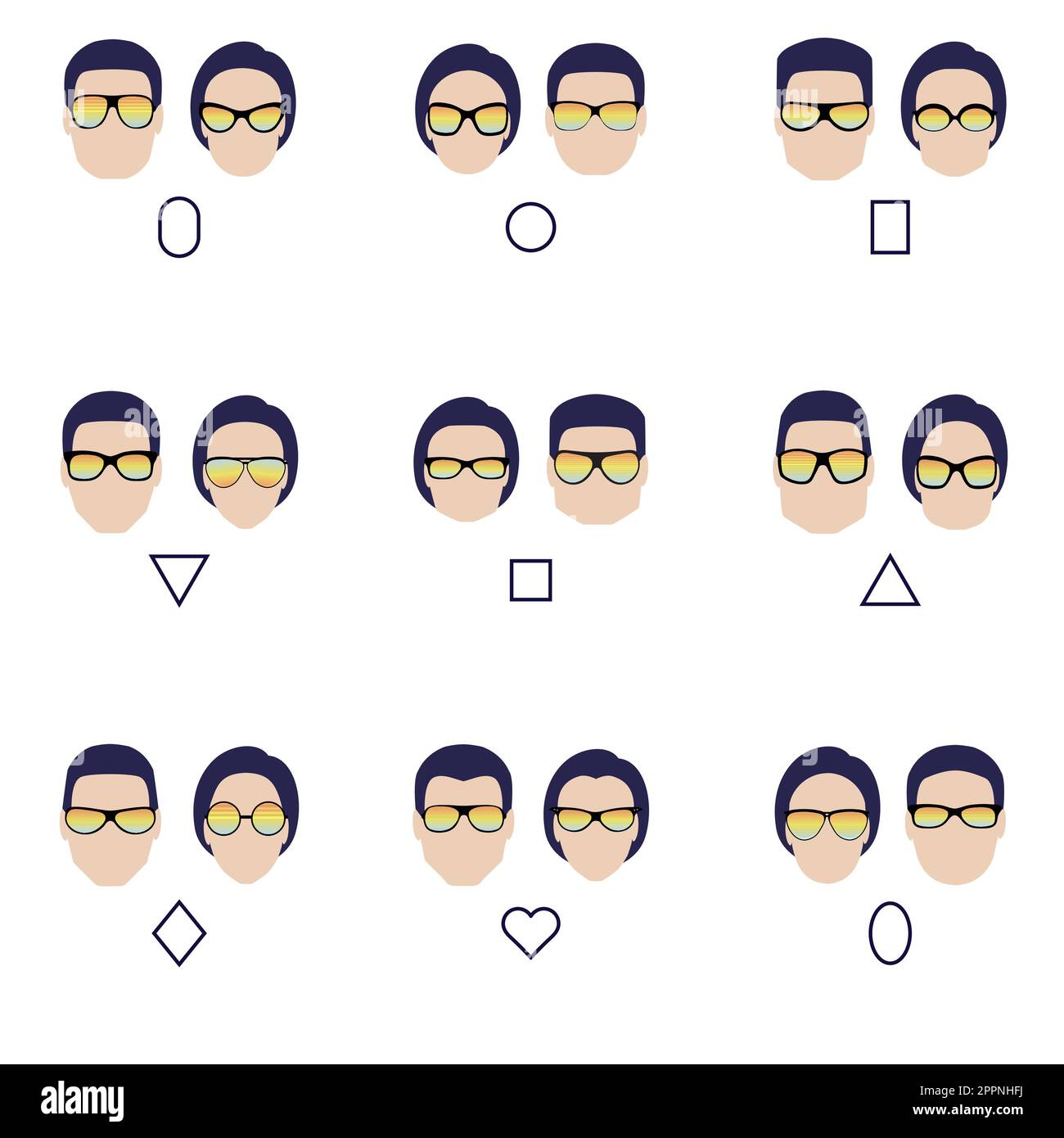Set of silhouettes of various types of sunglasses. Faces shapes to ...
