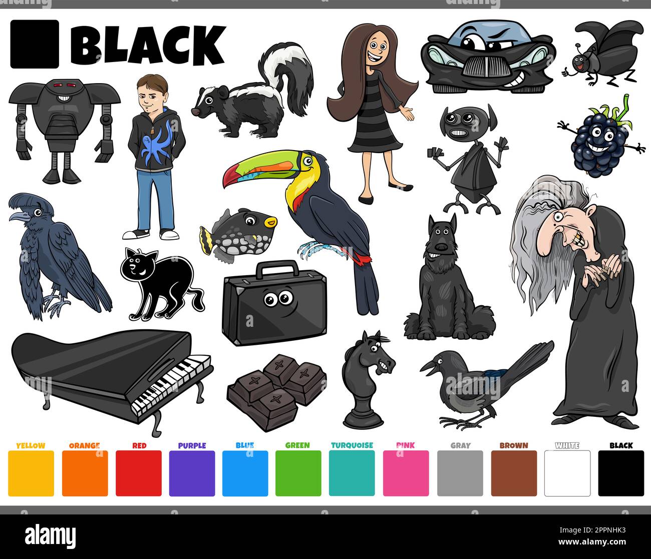 set with cartoon characters and objects in black Stock Vector Image ...