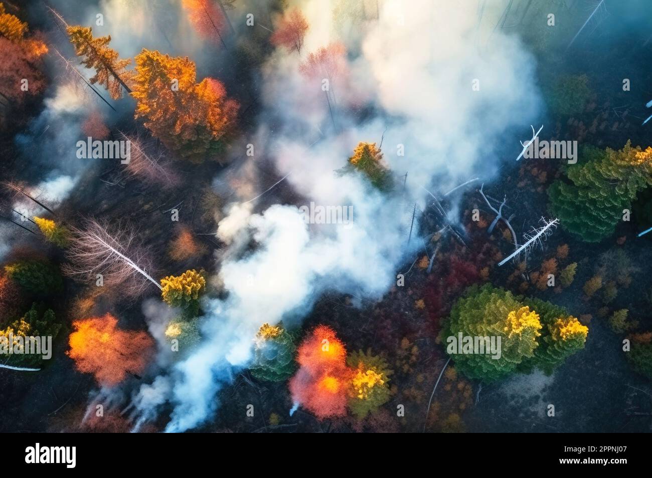 Fire in the forest in summer with smoke, natural disaster, cataclysm ...