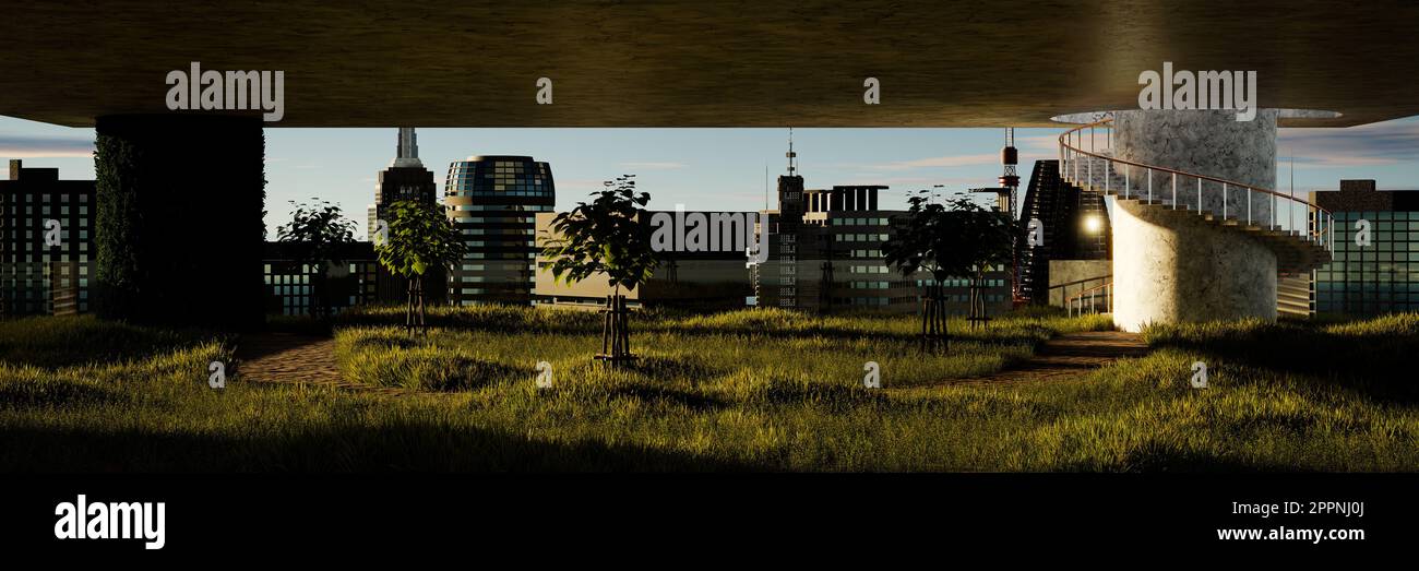 view from the vertical garden of a skyscraper over the roofs of other ...