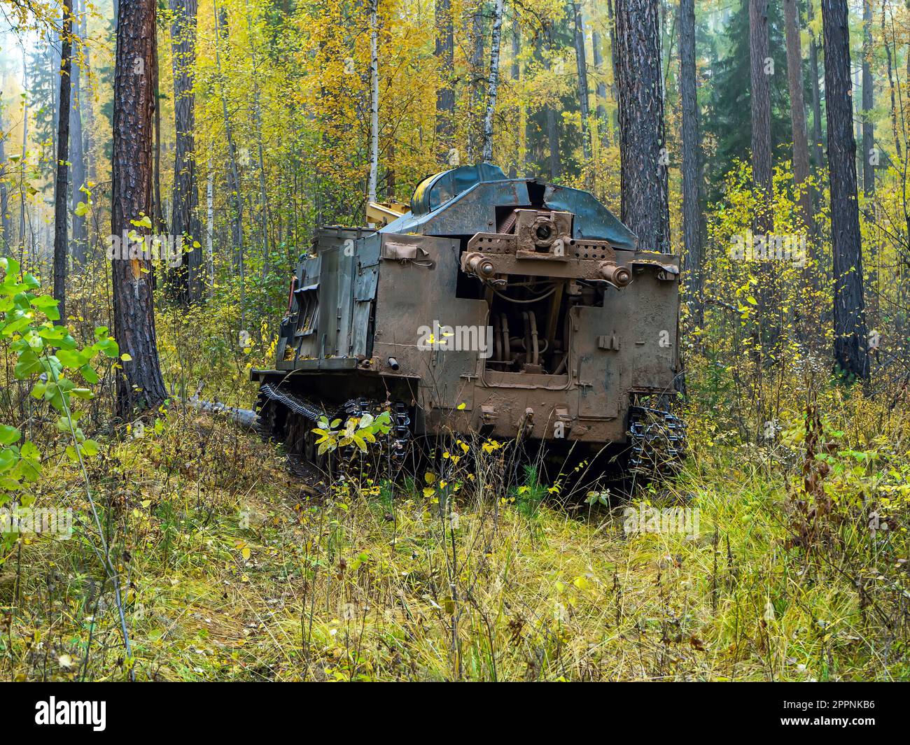 Drilling rig on a tracked chassis in the forest. Machine for ...